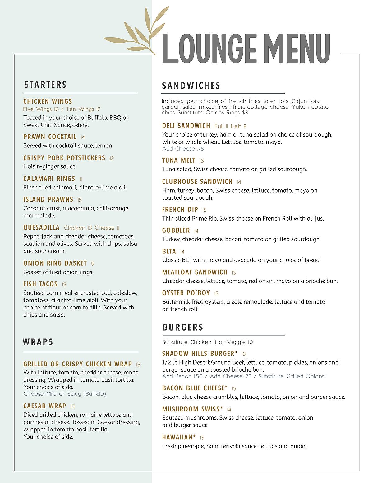 New Expanded Lounge and Dinner Menu | Shadow Hills Extra